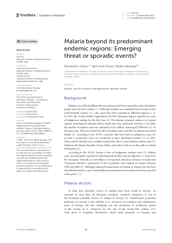 (PDF) Malaria beyond its predominant endemic regions: Emerging threat ...