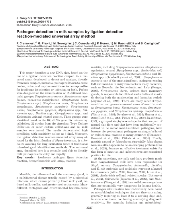 Pdf Pathogen Detection In Milk Samples By Ligation Detection Reaction Mediated Universal Array