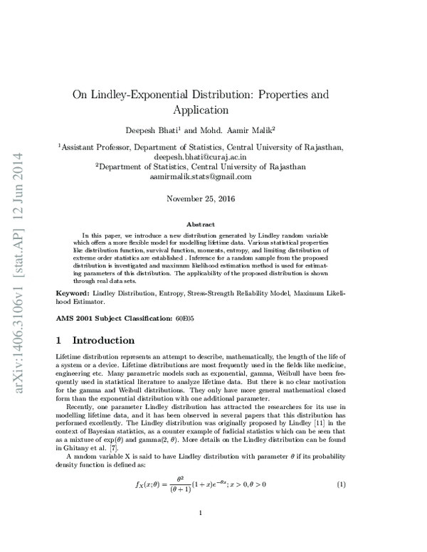 Pdf On Lindley Exponential Distribution Properties And Application