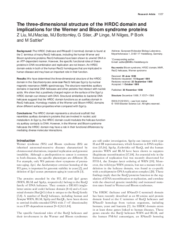 (PDF) The three-dimensional structure of the HRDC domain and implications for the Werner and ...