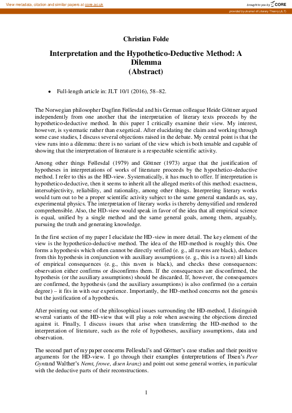 (PDF) Interpretation and the Hypothetico-Deductive Method: A Dilemma