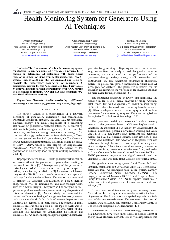 (PDF) Health Monitoring System for Generators Using AI Techniques