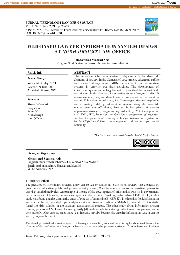 (PDF) Web-Based Lawyer Information System Design At Nurhadisigit Law Office