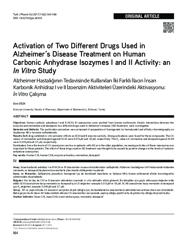 (PDF) Activation of Two Different Drugs Used in Alzheimer’s Disease Treatment on Human Carbonic ...
