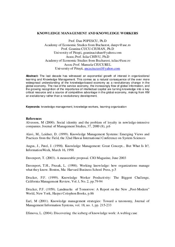 (PDF) Knowledge Management And Knowledge Workers