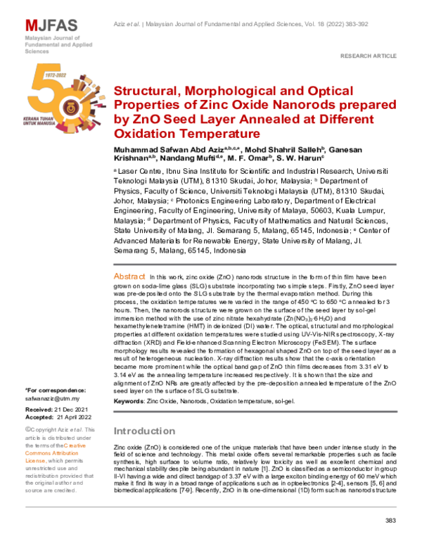 (PDF) Structural, Morphological and Optical Properties of Zinc Oxide Nanorods prepared by ZnO ...