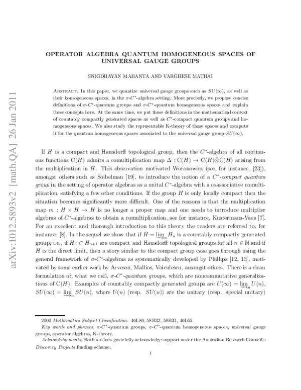 (PDF) Operator Algebra Quantum Homogeneous Spaces of Universal Gauge Groups