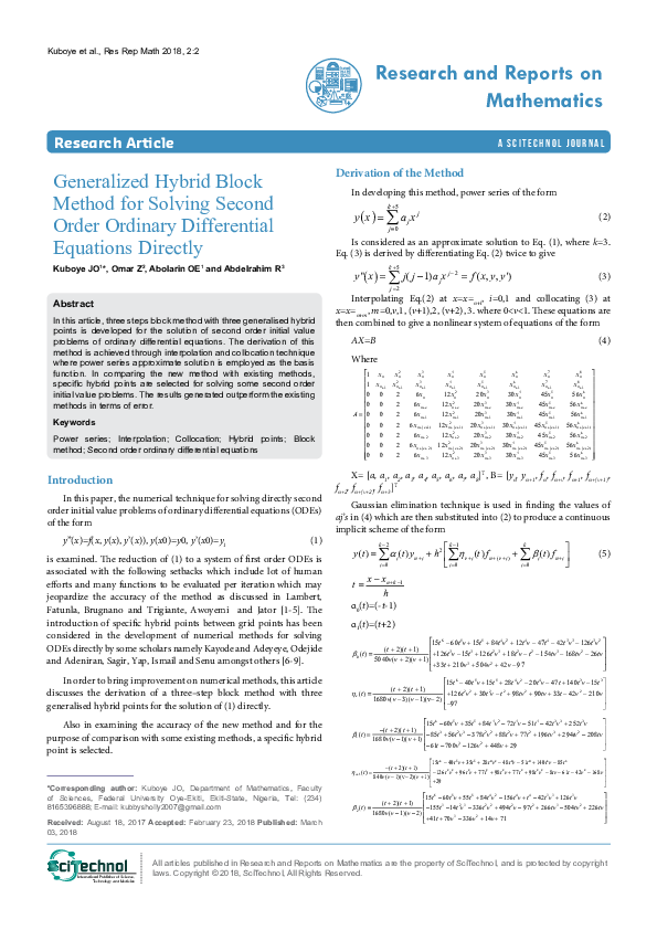 (PDF) Generalized Hybrid Block Method for Solving Second Order Ordinary ...
