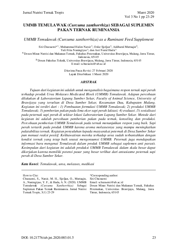 (PDF) UMMB Temulawak (Curcuma Xanthorrhiza) Sebagai Suplemen Pakan ...