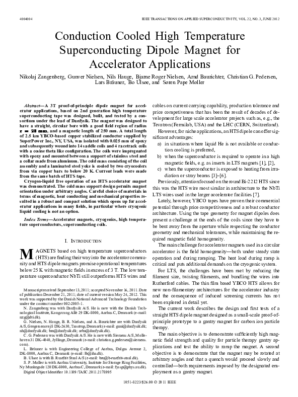 (PDF) Conduction Cooled High Temperature Superconducting Dipole Magnet for Accelerator Applications
