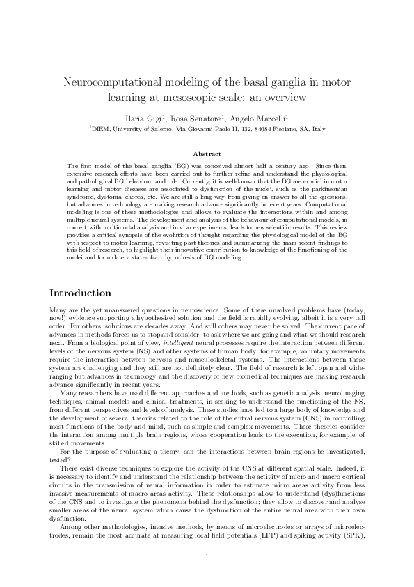 Pdf Neurocomputational Modeling Of The Basal Ganglia In Motor