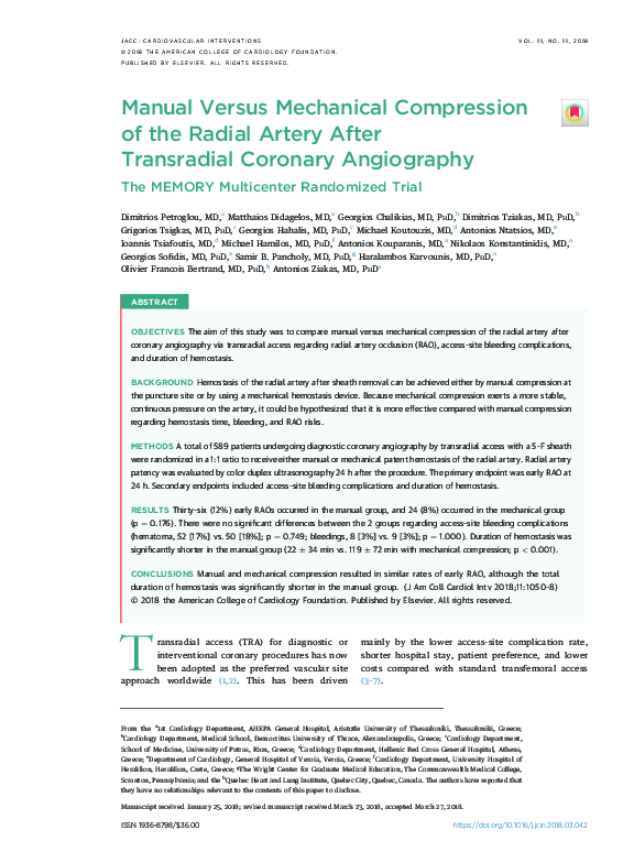 (PDF) Manual Versus Mechanical Compression of the Radial Artery After ...