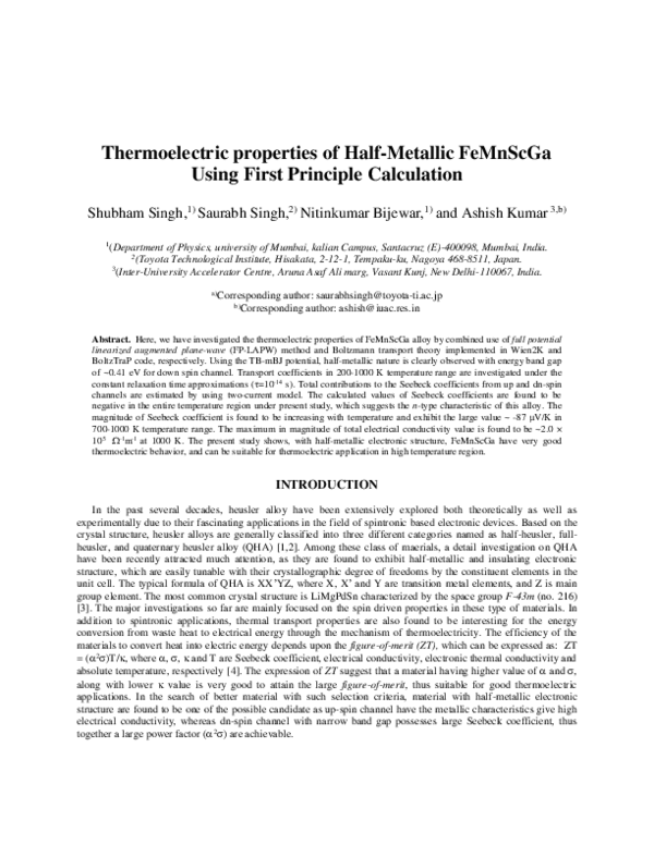 (PDF) Thermoelectric properties of half-metallic FeMnScGa using first ...