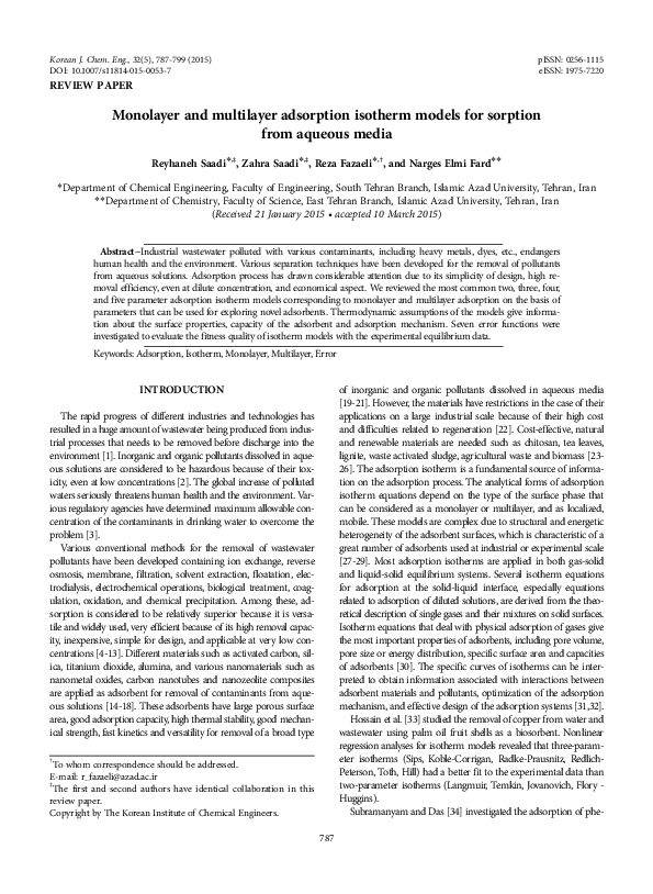 (PDF) Monolayer and multilayer adsorption isotherm models for sorption ...
