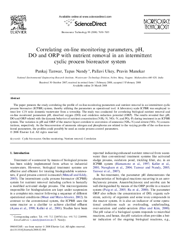(PDF) Correlating on-line monitoring parameters, pH, DO and ORP with nutrient removal in an ...