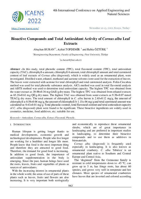 (PDF) Bioactive Compounds and Total Antioxidant Activity of Cornus alba Leaf Extracts