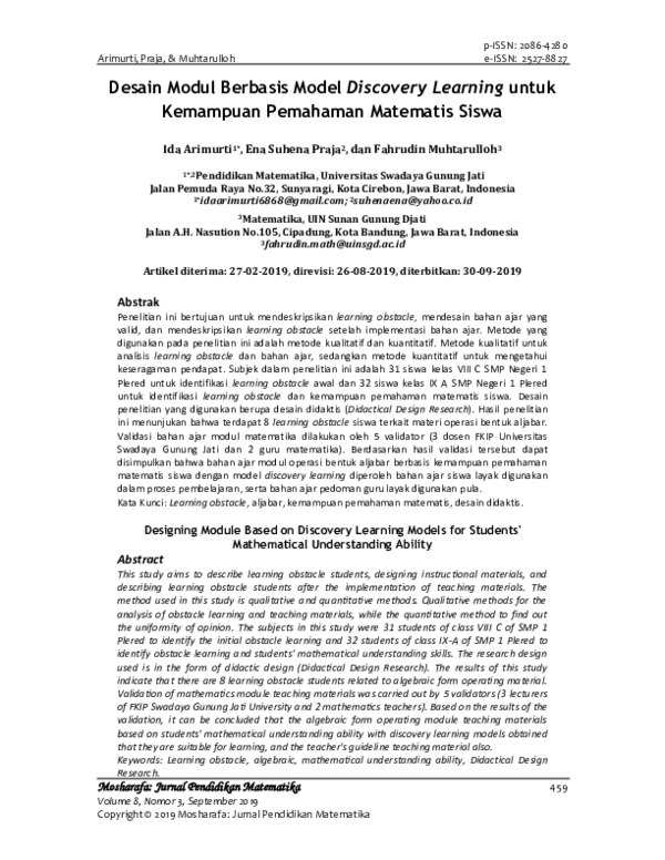 (PDF) Desain Modul Berbasis Model Discovery Learning untuk Kemampuan Pemahaman Matematis Siswa