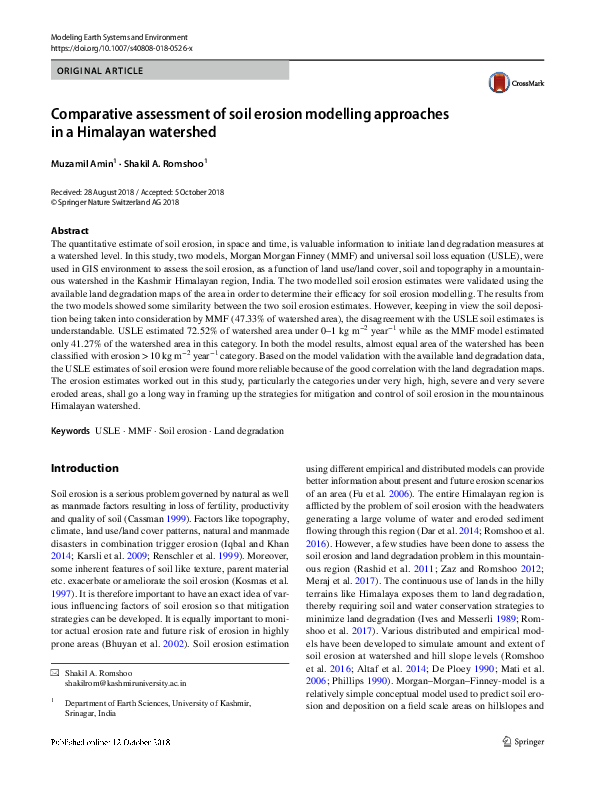 (PDF) Comparative assessment of soil erosion modelling approaches in a Himalayan watershed