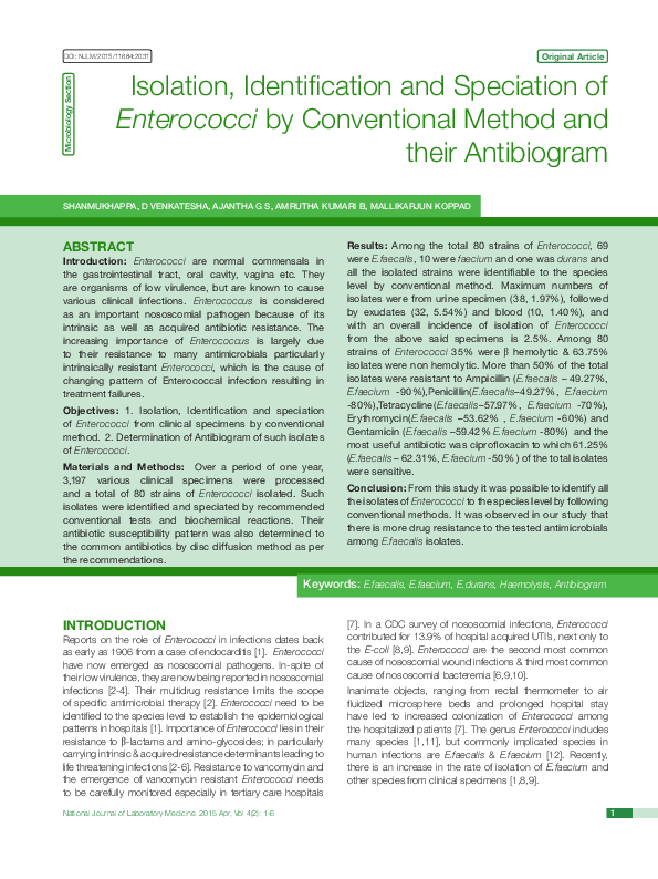 (PDF) Isolation, Identification and Speciation of Enterococci by ...