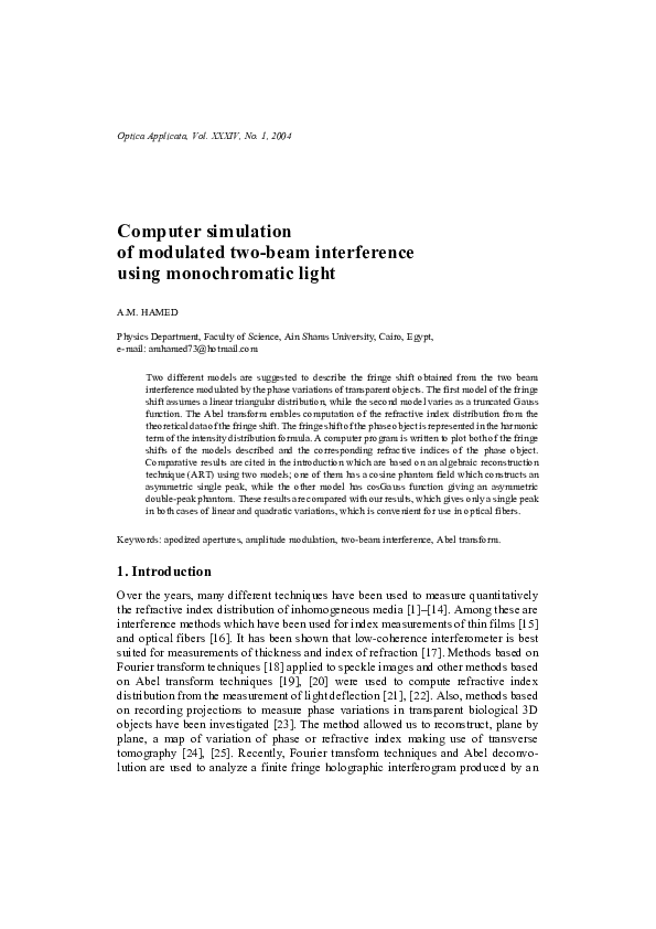 Pdf Computer Simulation Of Modulated Two Beam Interference Using Monochromatic Light