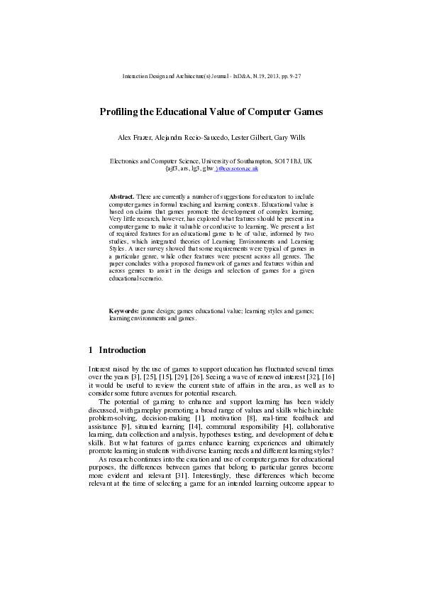 (PDF) Profiling the educational value of computer games