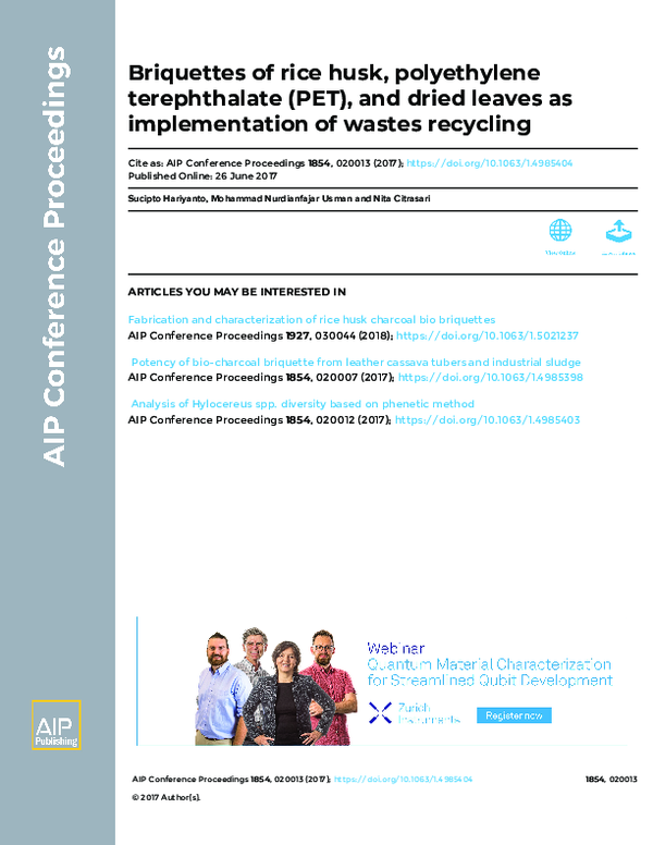 (PDF) Briquettes of rice husk, polyethylene terephthalate (PET), and ...