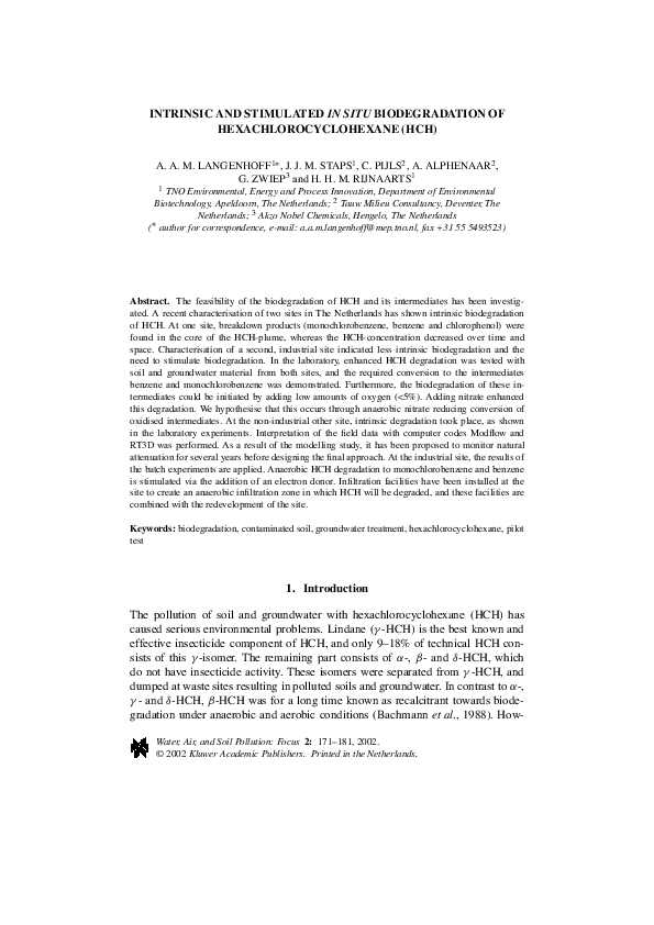(PDF) Intrinsic and Stimulated In Situ Biodegradation of Hexachlorocyclohexane (HCH)