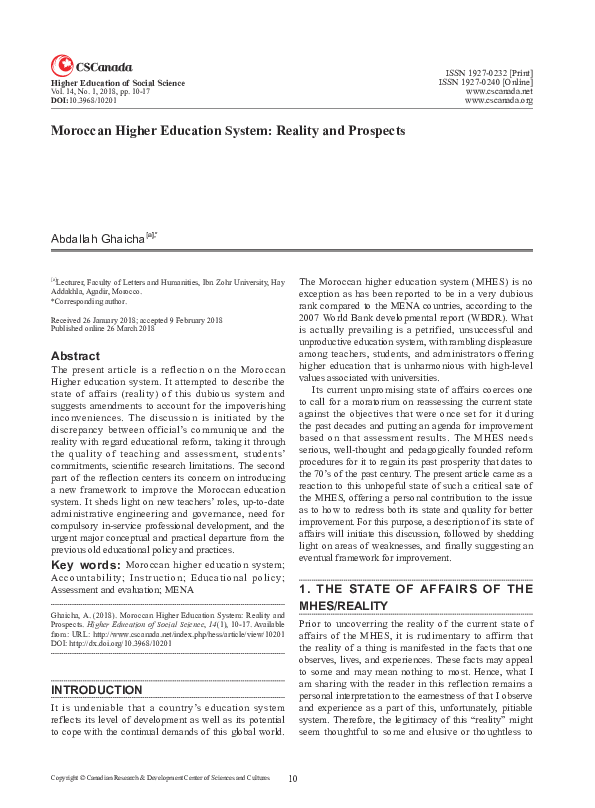 (PDF) Moroccan Higher Education System: Reality and Prospects