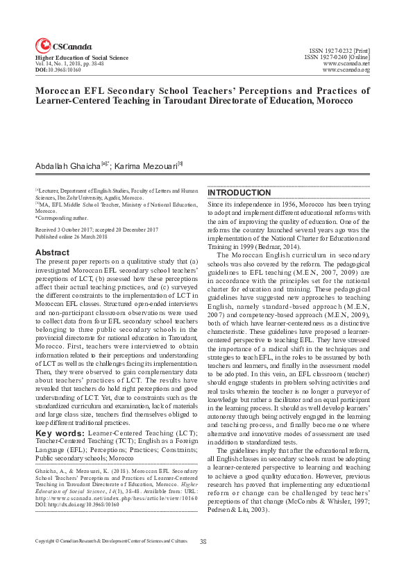 (PDF) Moroccan EFL Secondary School Teachers’ Perceptions and Practices ... (PDF) Moroccan EFL Secondary School Teachers’ Perceptions and Practices ...