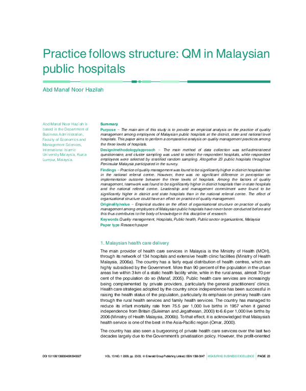 (PDF) Practice follows structure: QM in Malaysian public hospitals