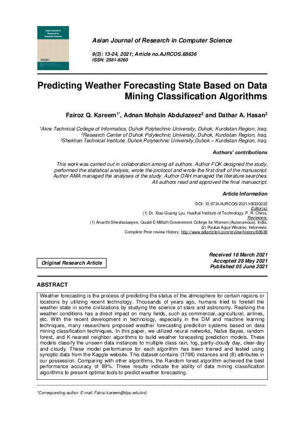 (PDF) Predicting Weather Forecasting State Based on Data Mining Classification Algorithms