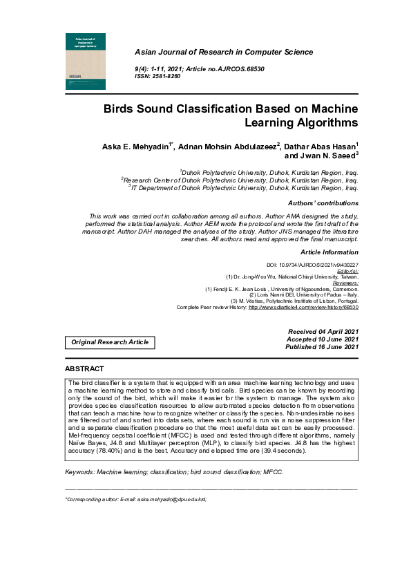 (PDF) Birds Sound Classification Based on Machine Learning Algorithms