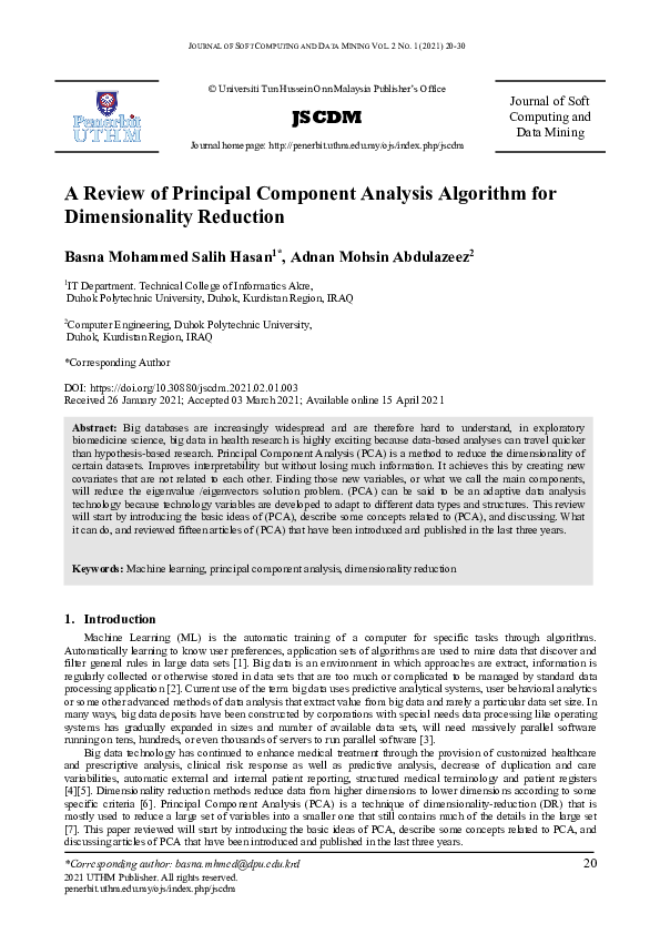 Pdf A Review Of Principal Component Analysis Algorithm For Dimensionality Reduction