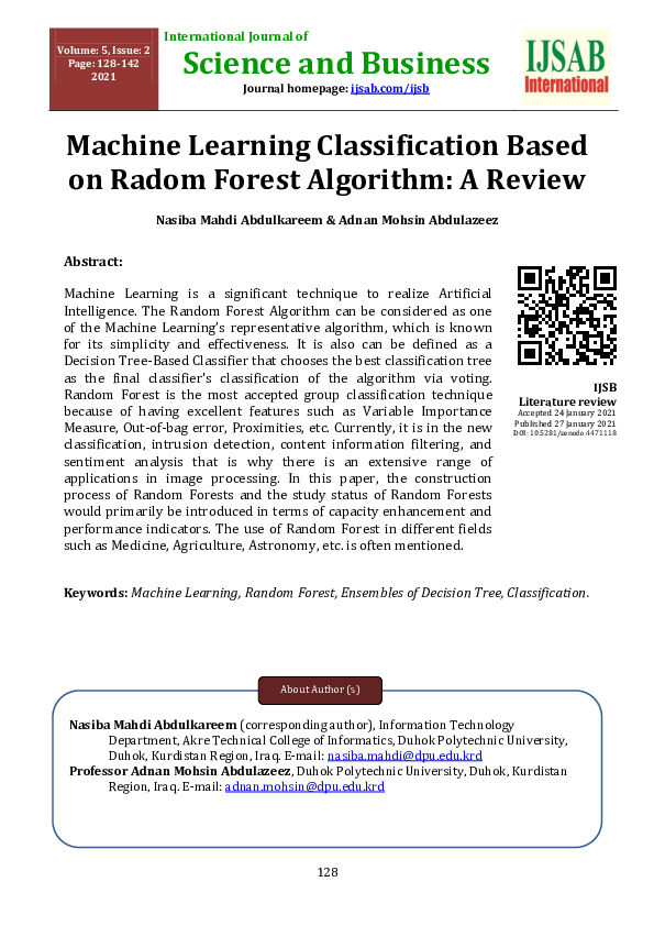 (PDF) Machine Learning Classification Based on Radom Forest Algorithm: A Review