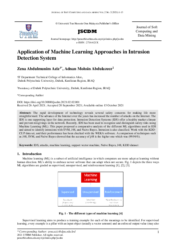 Pdf Application Of Machine Learning Approaches In Intrusion Detection System
