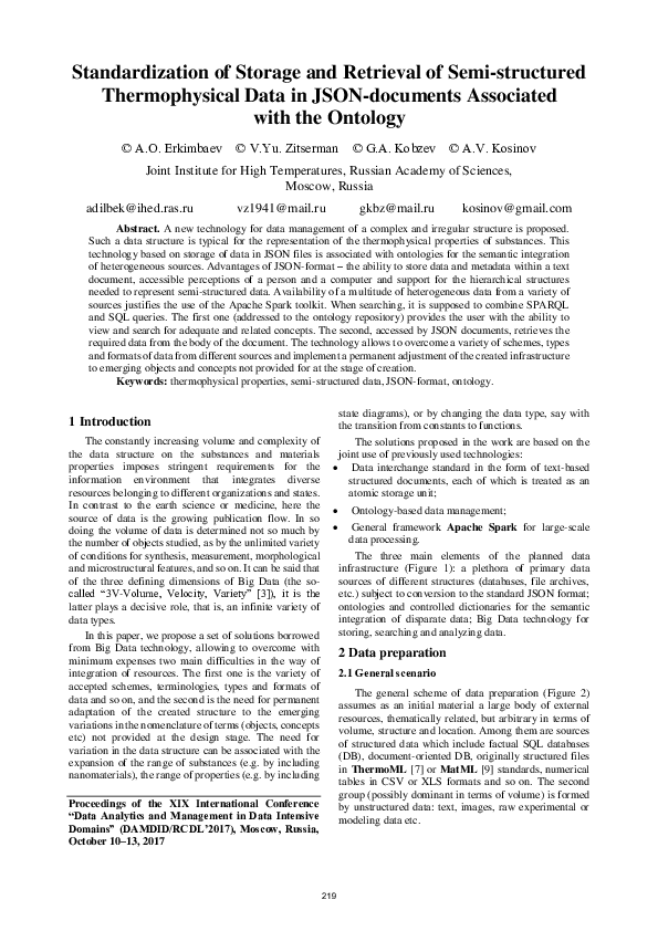(PDF) Standardization of Storage and Retrieval of Semi-structured Thermophysical Data in JSON ...