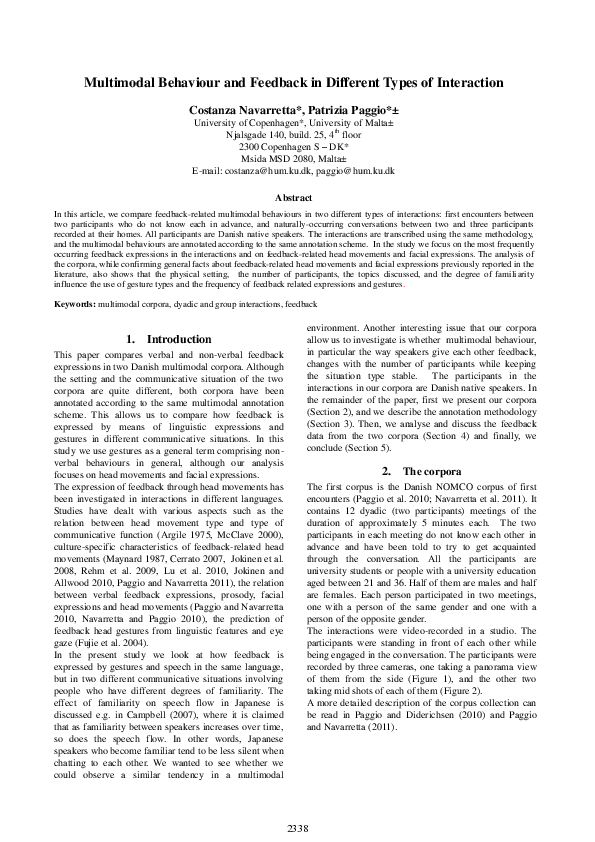 (PDF) Multimodal Behaviour and Feedback in Different Types of Interaction