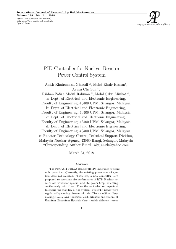 (PDF) PID Controller for Nuclear Reactor Power Control System