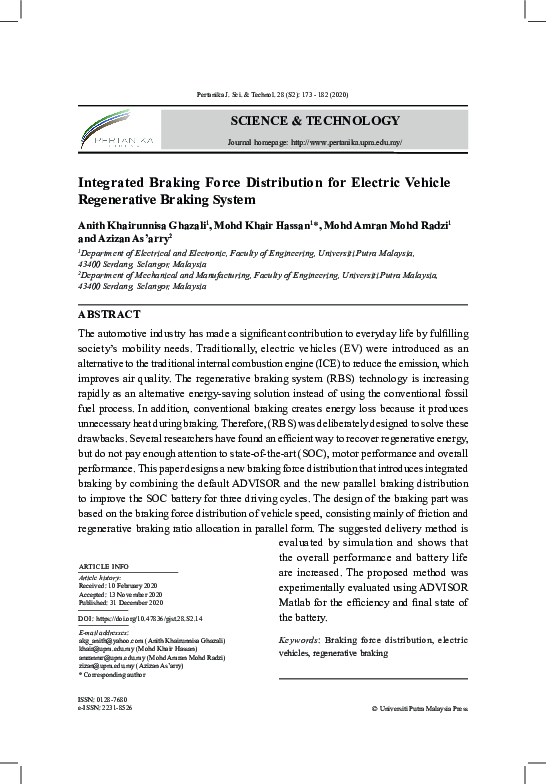 (PDF) Integrated Braking Force Distribution for Electric Vehicle Regenerative Braking System