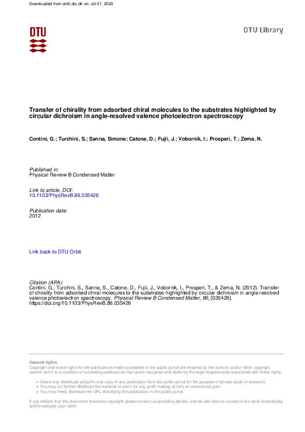 (PDF) Transfer of chirality from adsorbed chiral molecules to the ...