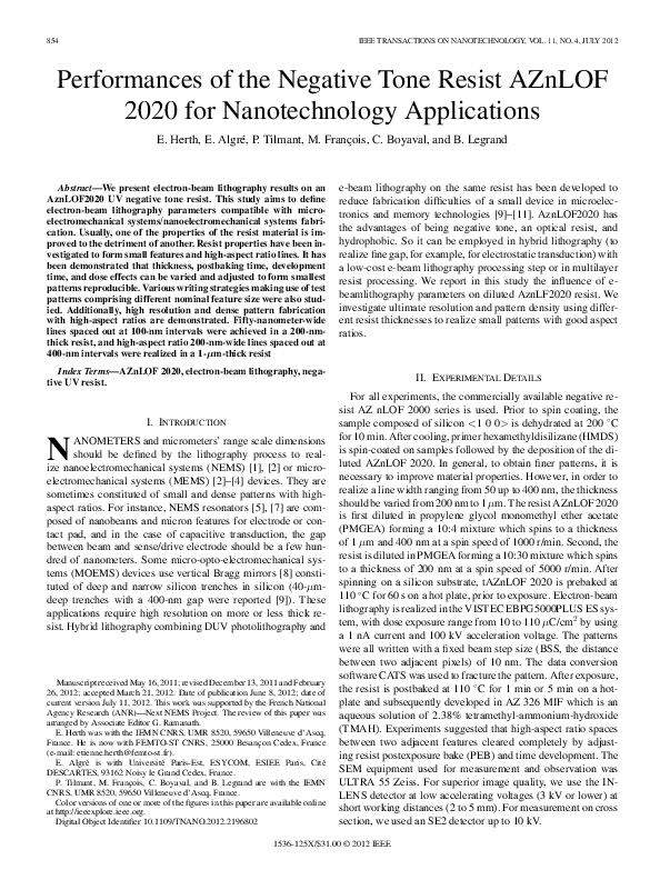 (PDF) Performances of the Negative Tone Resist AZnLOF 2020 for ...
