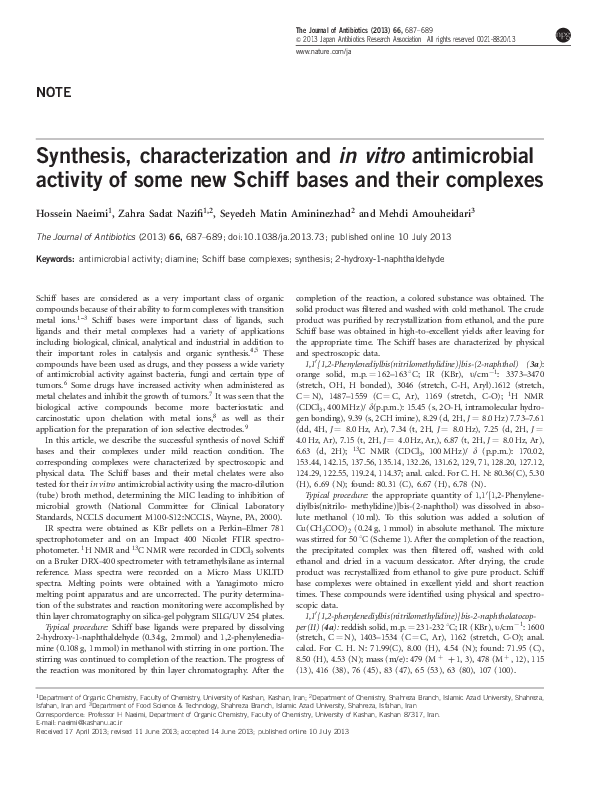 (PDF) Synthesis, characterization and in vitro antimicrobial activity of some new Schiff bases ...