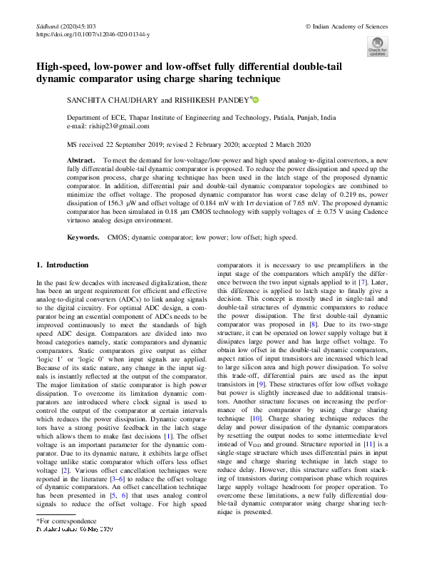 Pdf High Speed Low Power And Low Offset Fully Differential Double Tail Dynamic Comparator