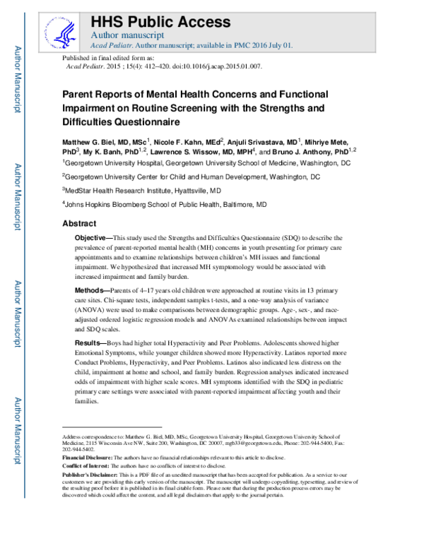 (PDF) Parent Reports of Mental Health Concerns and Functional ...