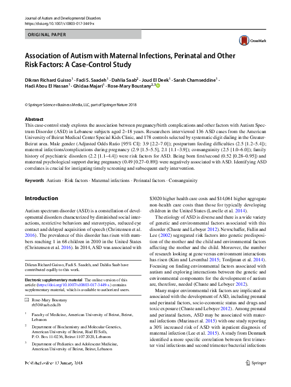 (PDF) Association of Autism with Maternal Infections, Perinatal and ...