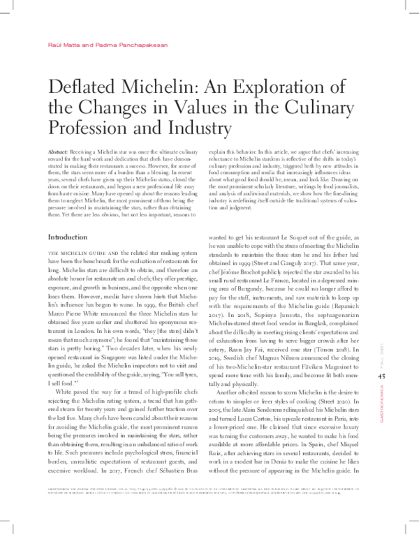 (PDF) Deflated Michelin: An Exploration of the Changes in Values in the ...
