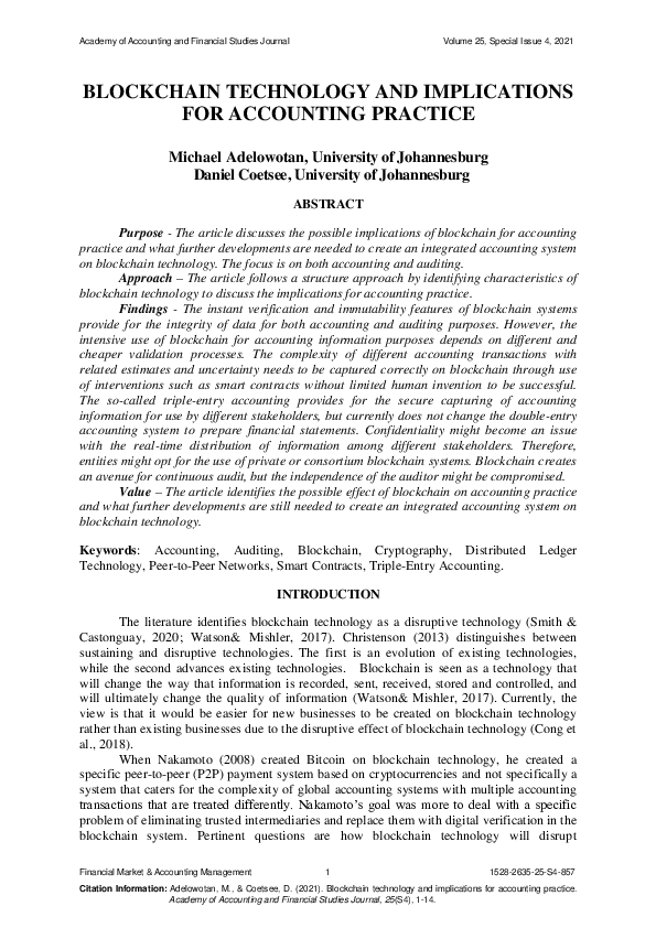 (PDF) Blockchain Technology and Implications for Accounting Practice