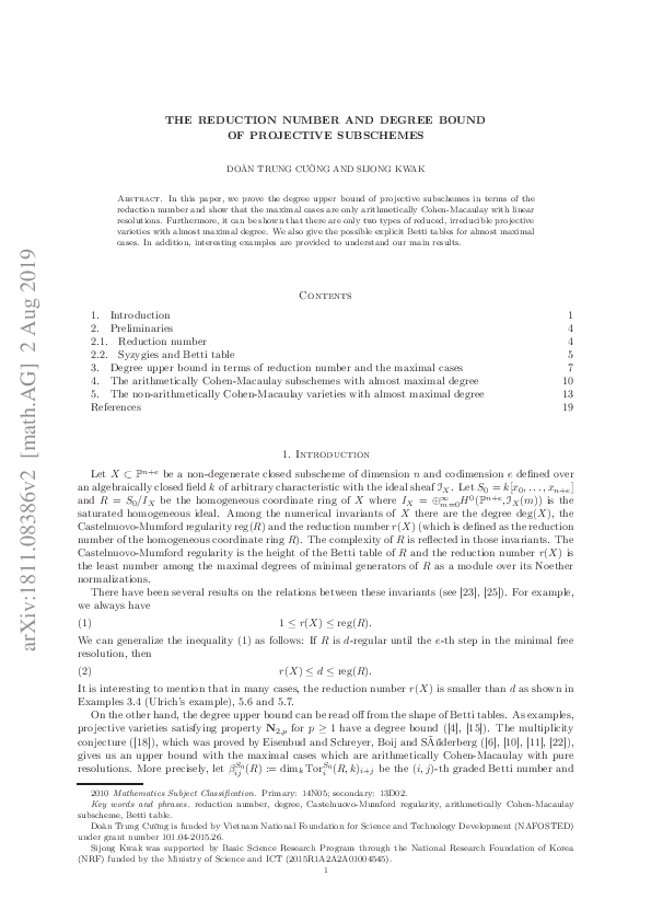(PDF) The reduction number and degree bound of projective subschemes