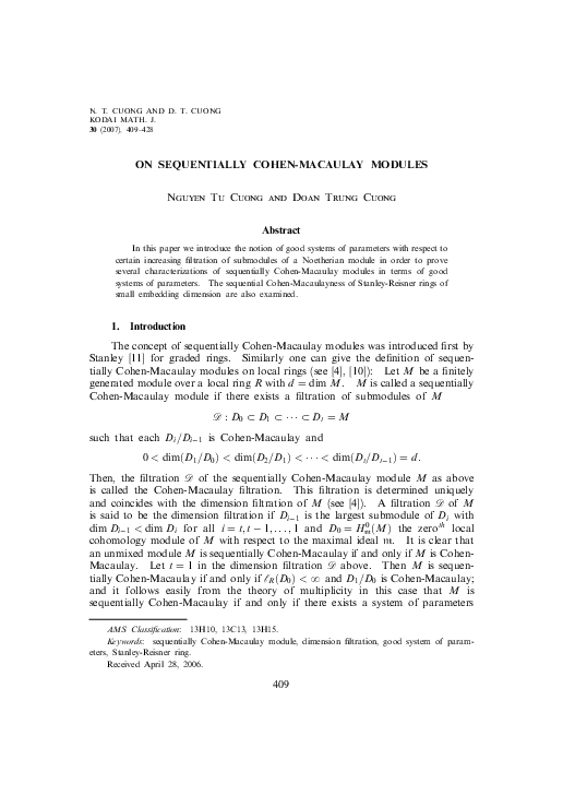 (PDF) On sequentially Cohen-Macaulay modules
