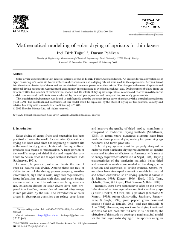 (PDF) Mathematical modelling of solar drying of apricots in thin layers